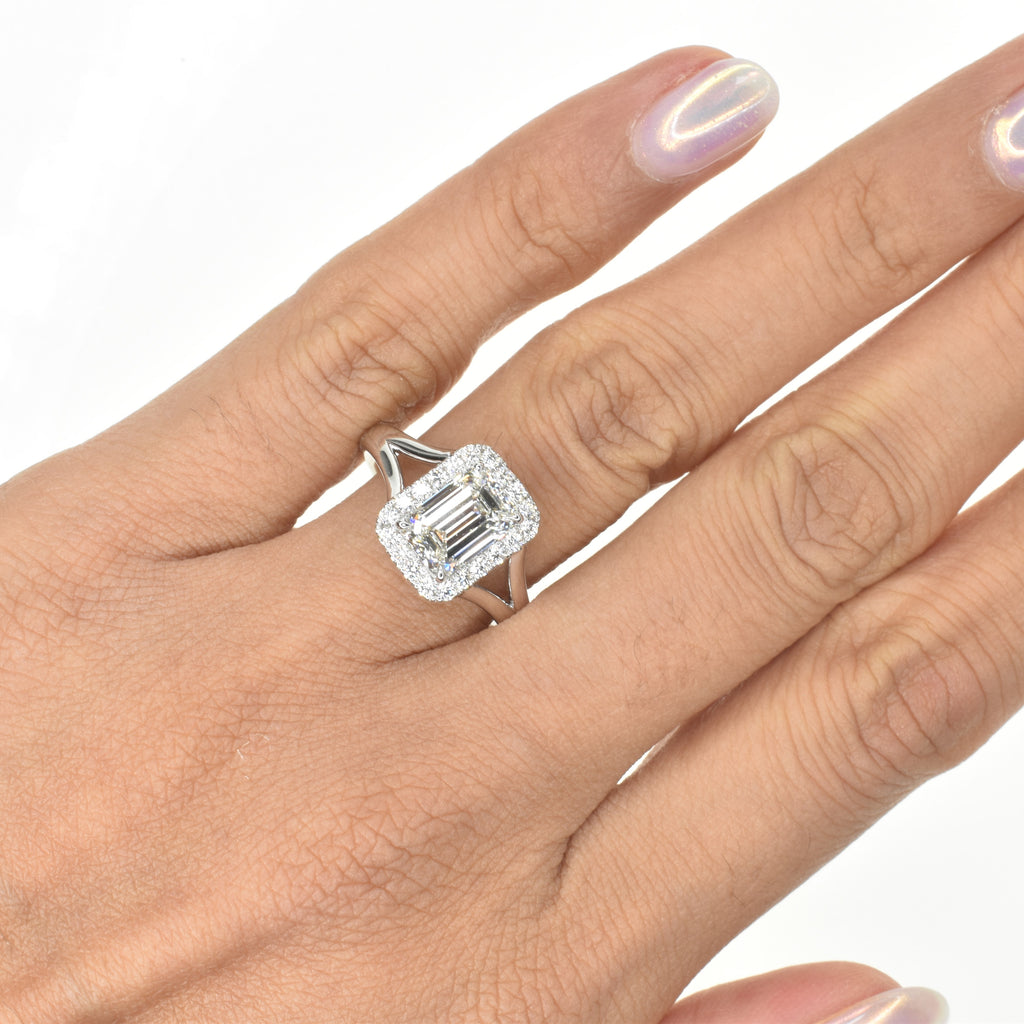 Split Shank Emerald Cut Halo Diamond Ring – NIYA K