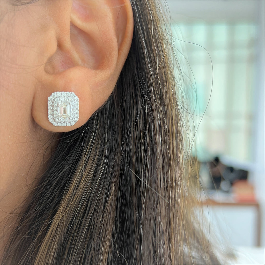 Emerald Cut Double Halo Diamond Earrings – NIYA K